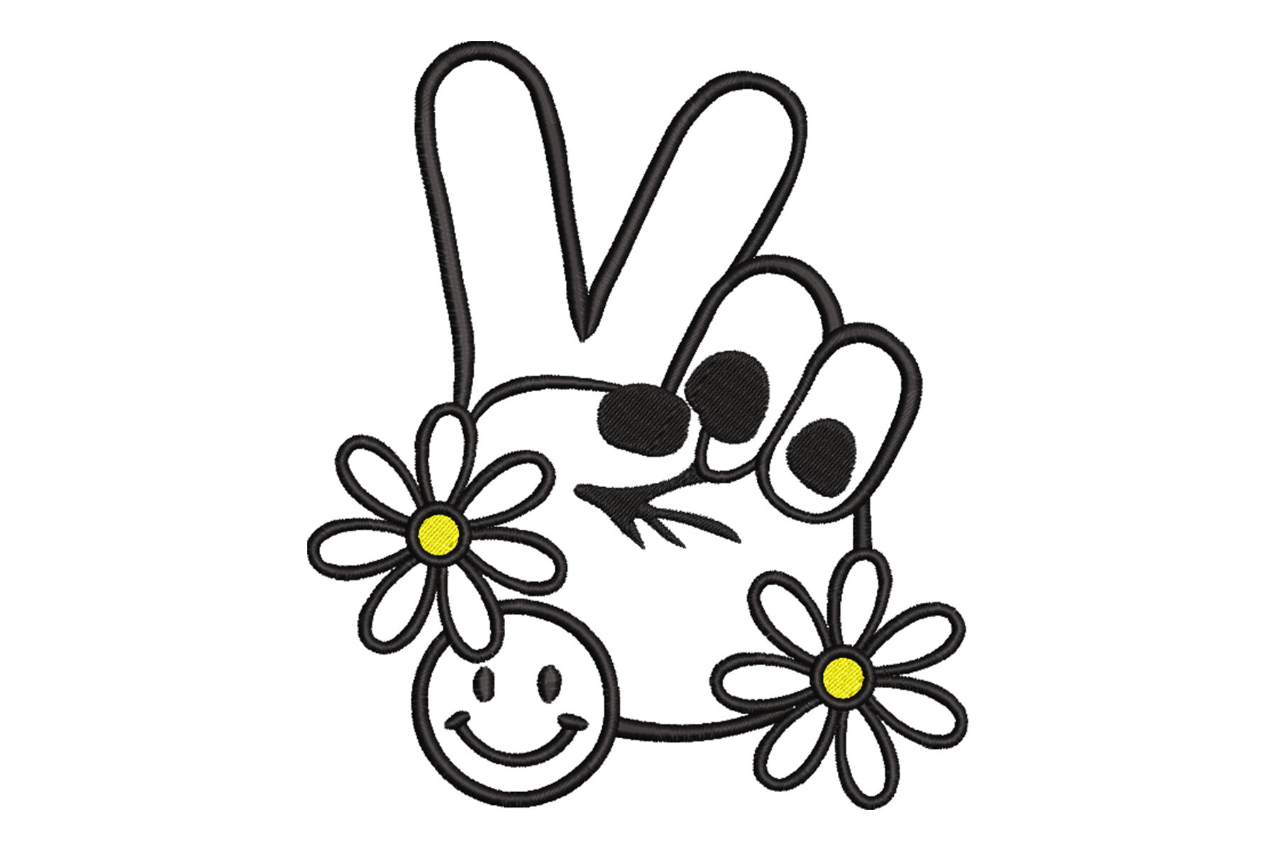 Peace Victory Sign Embroidery Design | Hand with Daisies & Smiley Face ...