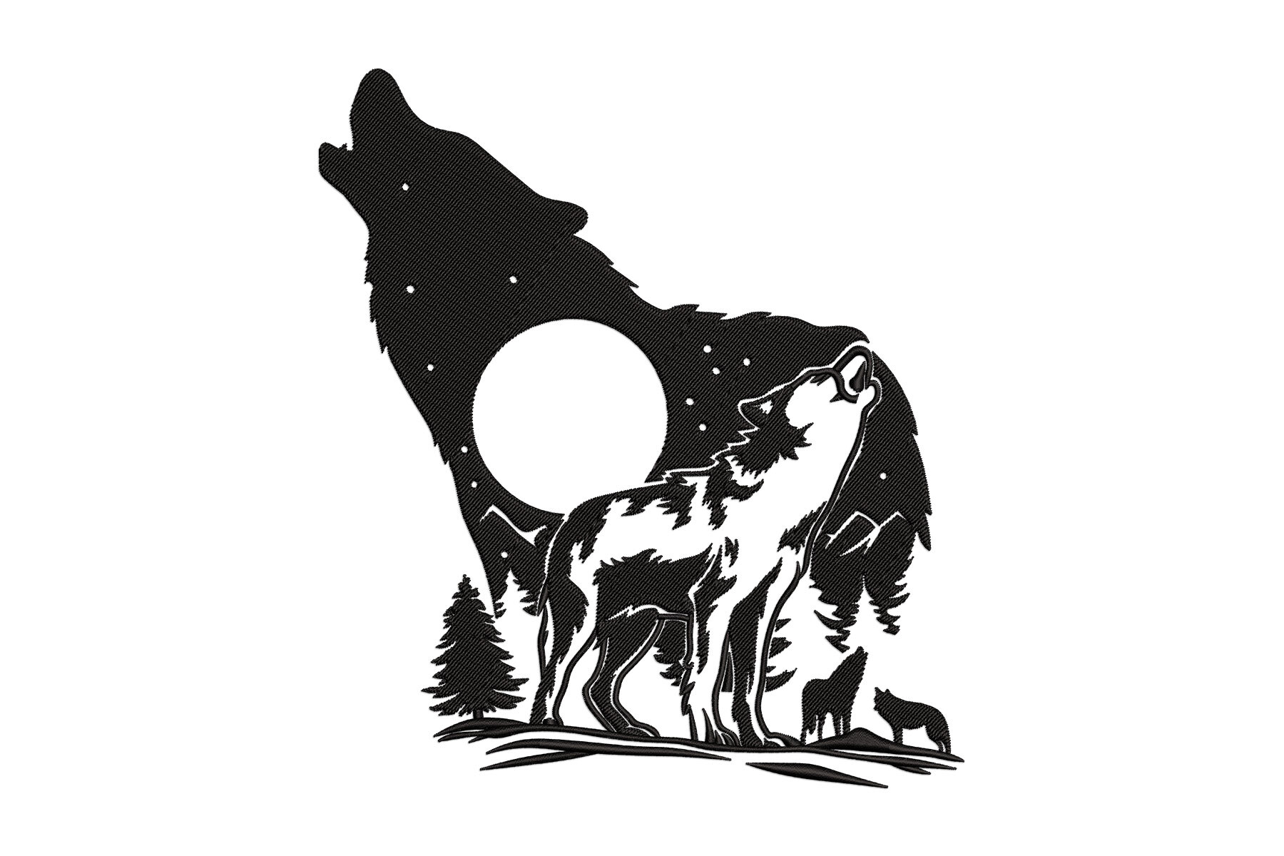 Wolf Howling Embroidery Design – Moon and Forest | Embroidize