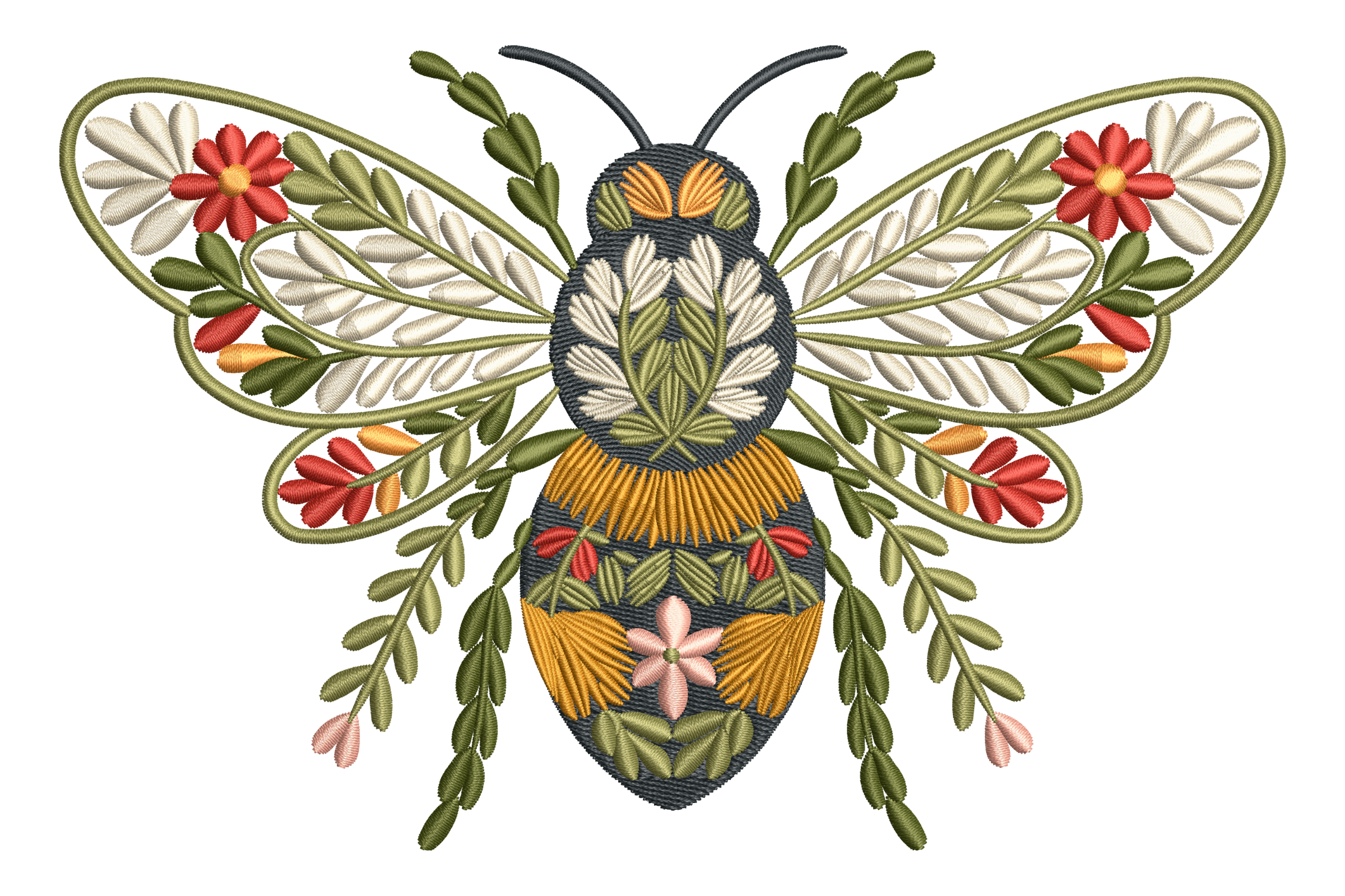 Floral Folk Art Bee Machine Embroidery Design | Embroidize