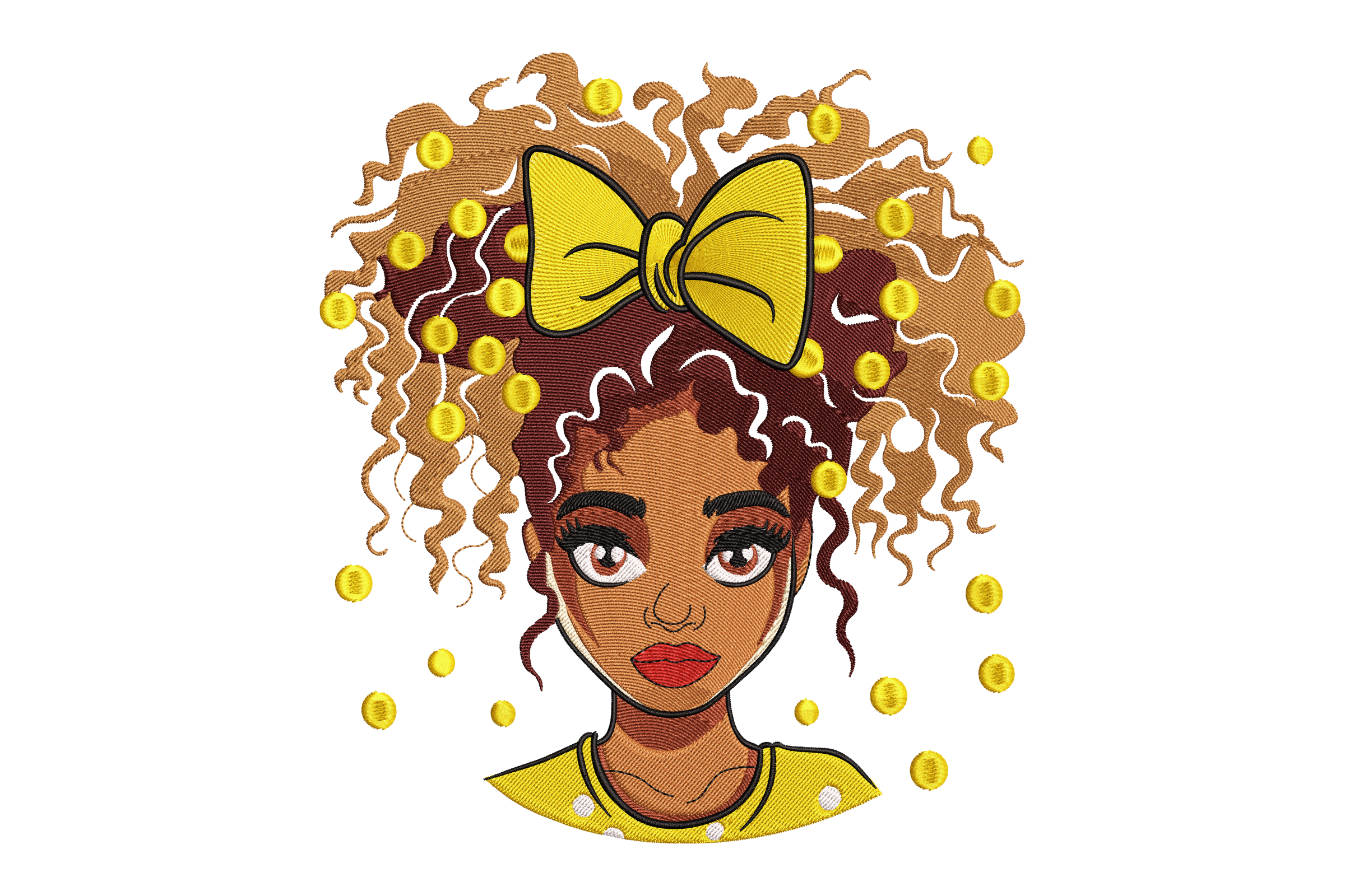 Curly Girl with Yellow Bow – Cute Machine Embroidery Design | Embroidize