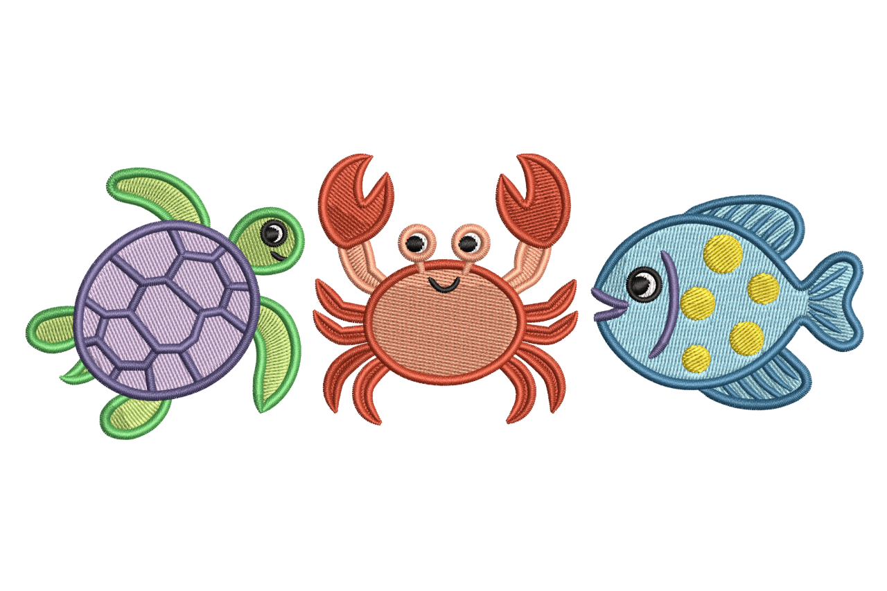 Sea Turtle, Crab & Fish – Ocean Animal Embroidery Design | Embroidize