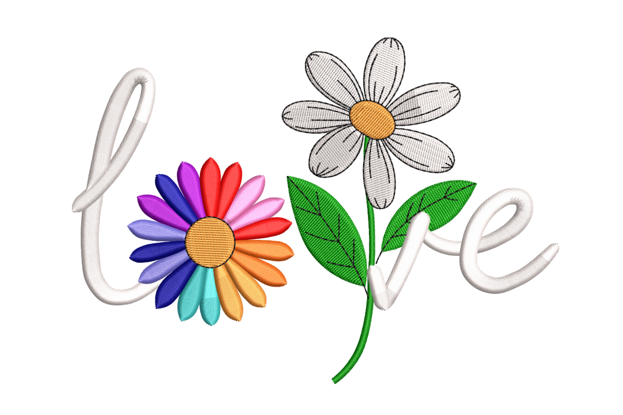 Rainbow Daisy LOVE – Floral Word Machine Embroidery Design | Embroidize
