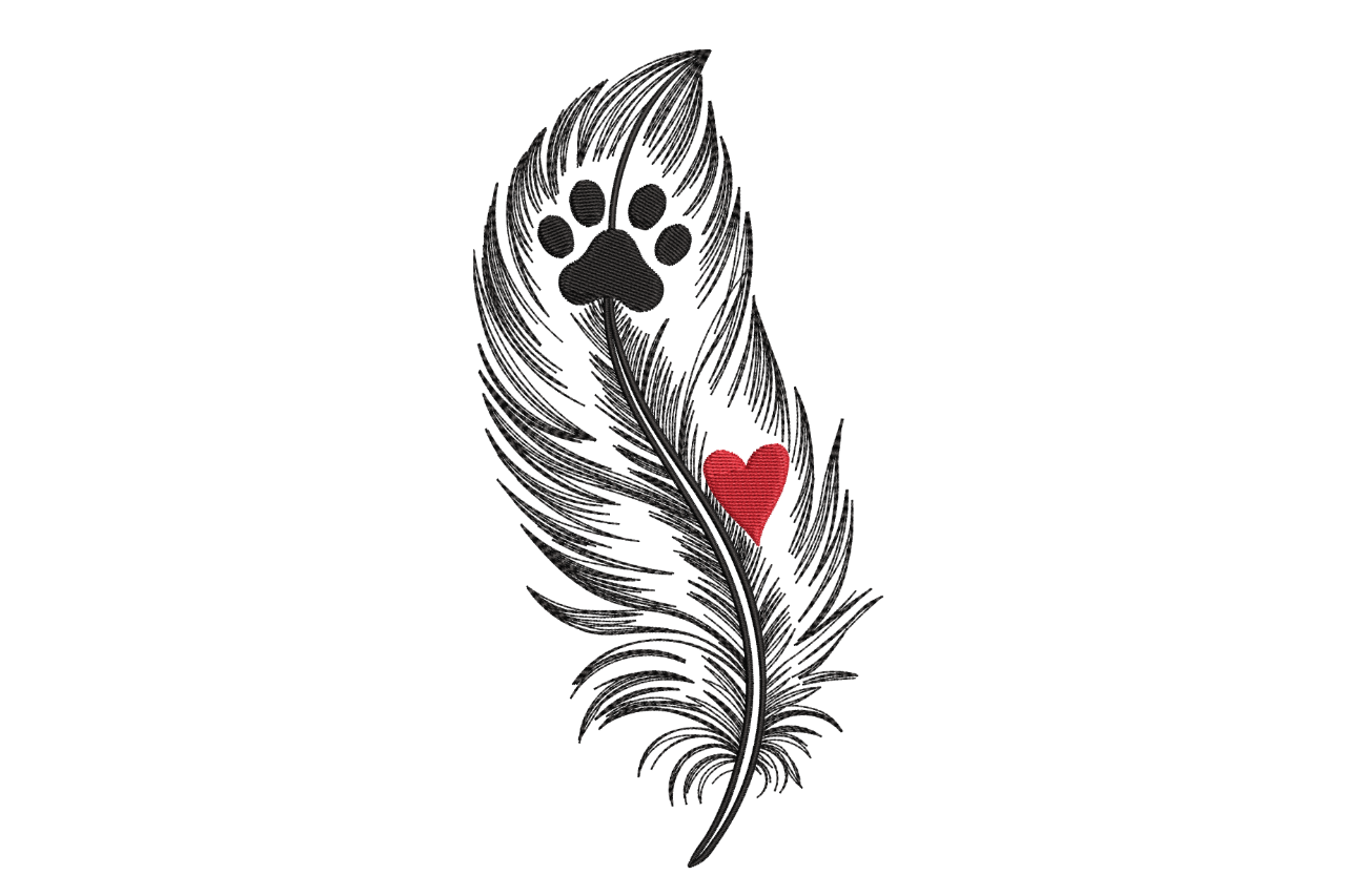 Pet Memorial Feather – Paw Print Heart Embroidery Design | Embroidize