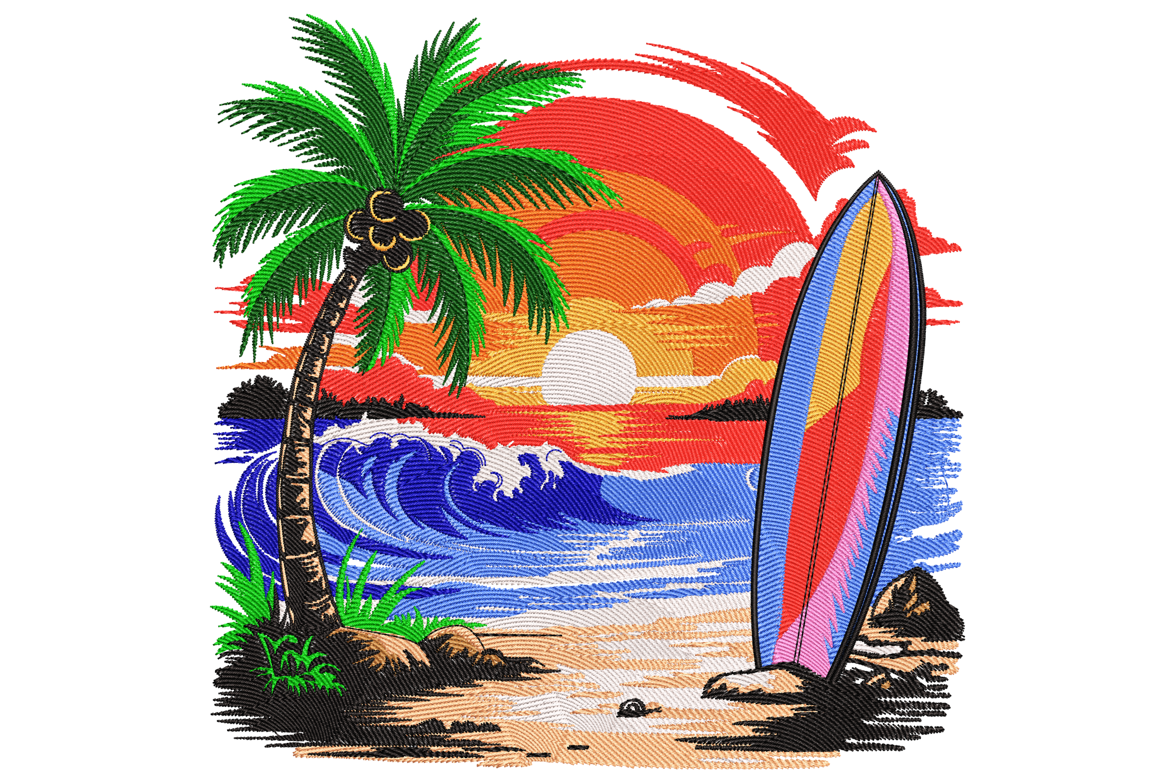 Tropical Surf Beach – Sunset Machine Embroidery Design | Embroidize