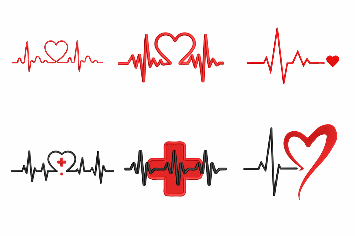 EKG Heartbeat & Medical Heart Embroidery Design Bundle | Embroidize
